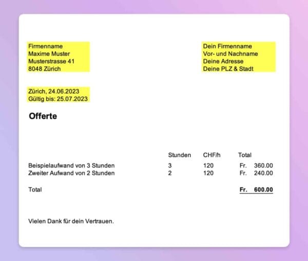 Offerte Vorlage kostenlos - MILKEE